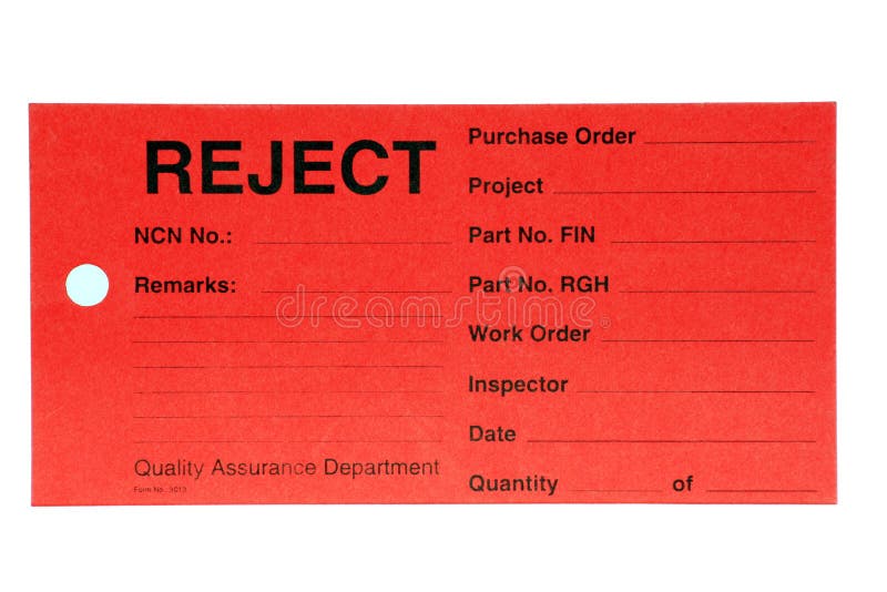 Quality Department Reject Tag Stock Image - Image of reject ...
