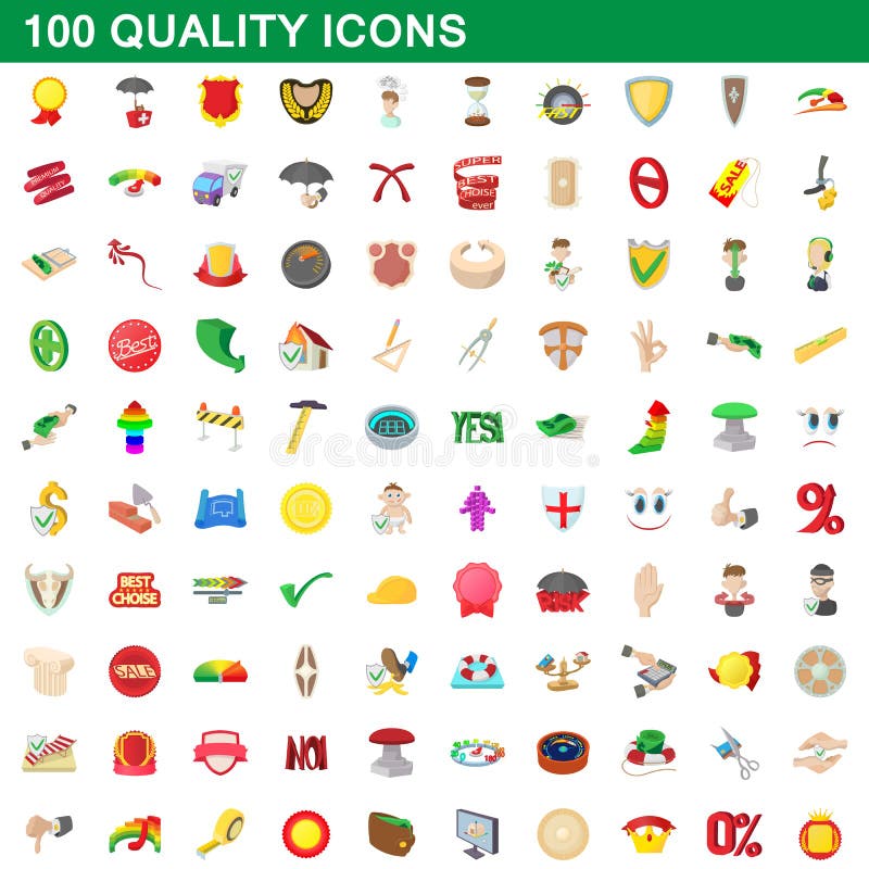 100 Quality Icons Set, Cartoon Style Stock Vector - Illustration of ...