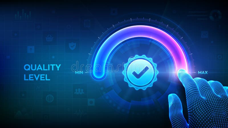 Quality Levels Knob Button. Wireframe Hand Turning a Quality Level Knob ...