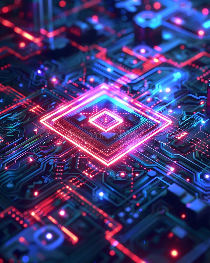 Quantum Computer Core Neon Grid. Generative AI Illustration. Stock ...