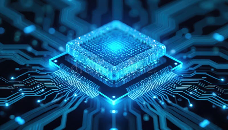Quantum Computer CPU Core Glows Blue, Processing Code and Data. AI and ...