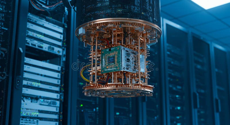 A Quantum Computer Setup is Shown in a Server Room, Featuring a Central ...
