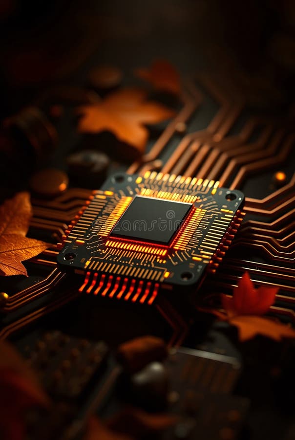 Quantum Computing Circuit Chip and Autumn Leaves Blend Technology Stock ...