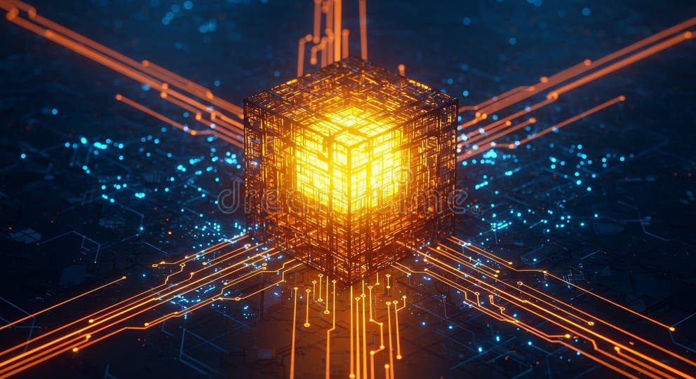 Quantum Computing Core: a Bright, Interconnected Circuit Cube Symbolizing Technology, Artificial ...