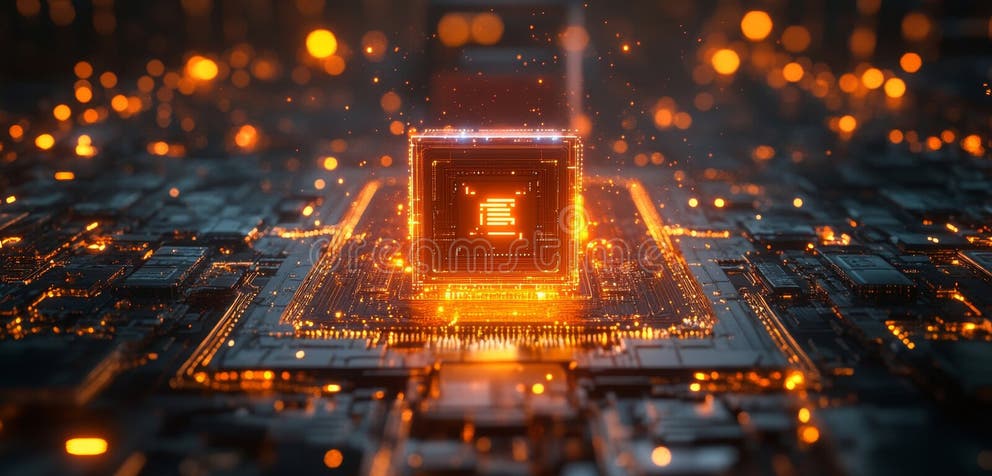 Quantum Computing Core with Light Effects Demonstrating Qubit Interactions. Generative AI Stock ...