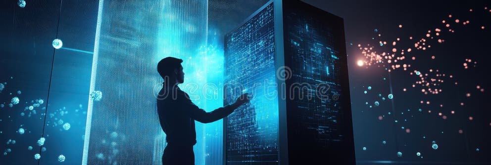 Quantum Computing Developer Works on Holographic Algorithms in a Dark High-tech Room with a ...