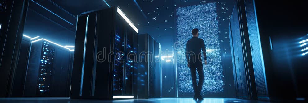 Developer Explores Holographic Quantum Algorithms Next To Glowing Quantum Computer in a High ...