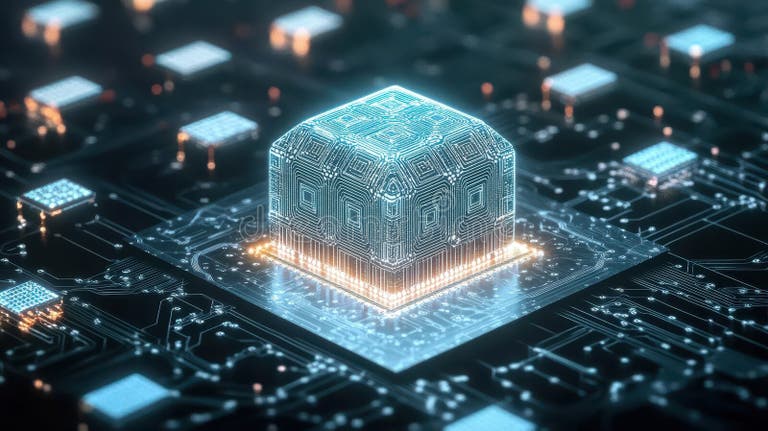 Quantum Computing a Glowing Circuit Board with Abstract Cube ...