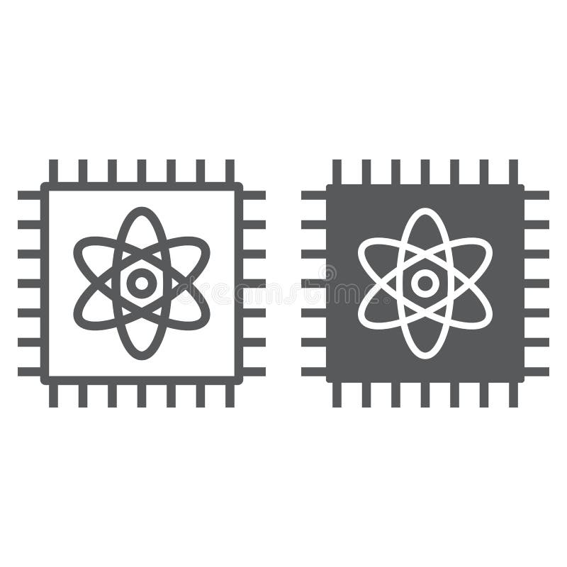 Quantum Computing Line Icon, Technology and Processor, Chip with Atom ...