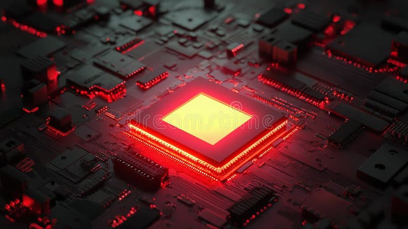 Quantum Computing Processor Performing Complex Calculations with Red Light Illumination Stock ...