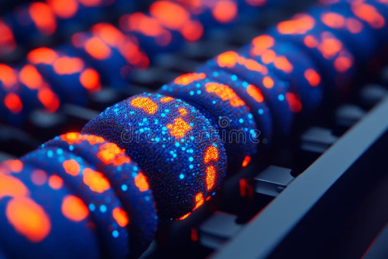 Quantum Computing, Rows of Spheres with Glowing Blue and Red Dots ...