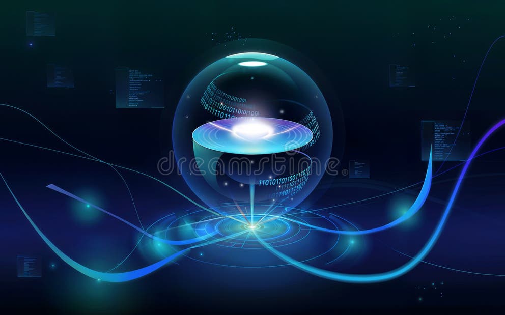 Quantum Computing Sphere Floating Above Digital Data Stream with Binary Code Visualization Stock ...