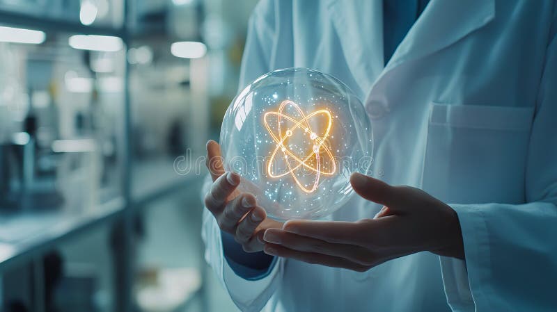 Quantum Science Celebration Hands Holding Glowing Atom Symbol in a ...