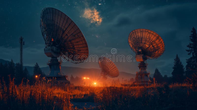 Quantum Signal Reception at Night in a Satellite Dish Array Stock Image ...