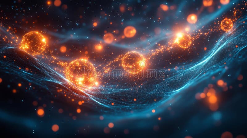 Interconnected Quantum Spheres Floating Over Waves with Sparks Stock ...