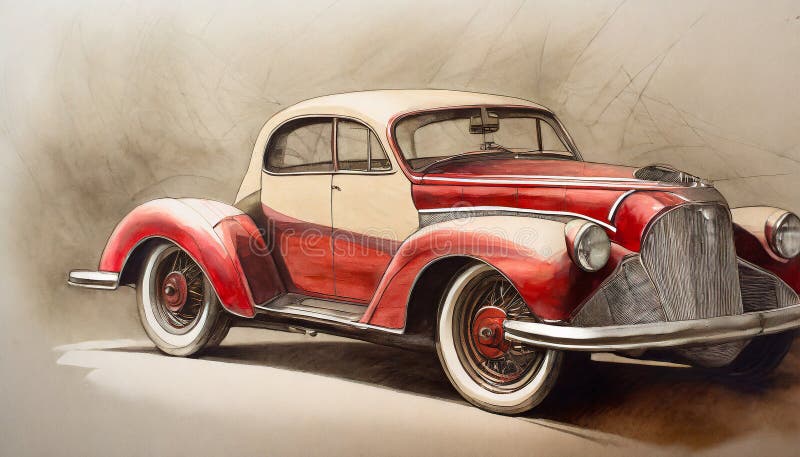 Quantumpunk Precision Painting: Red and Beige Old Car Drawing Stock ...
