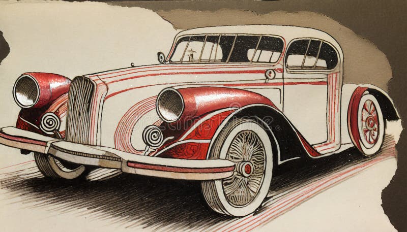 Quantumpunk Precision Painting: Red and Beige Old Car Drawing Stock ...