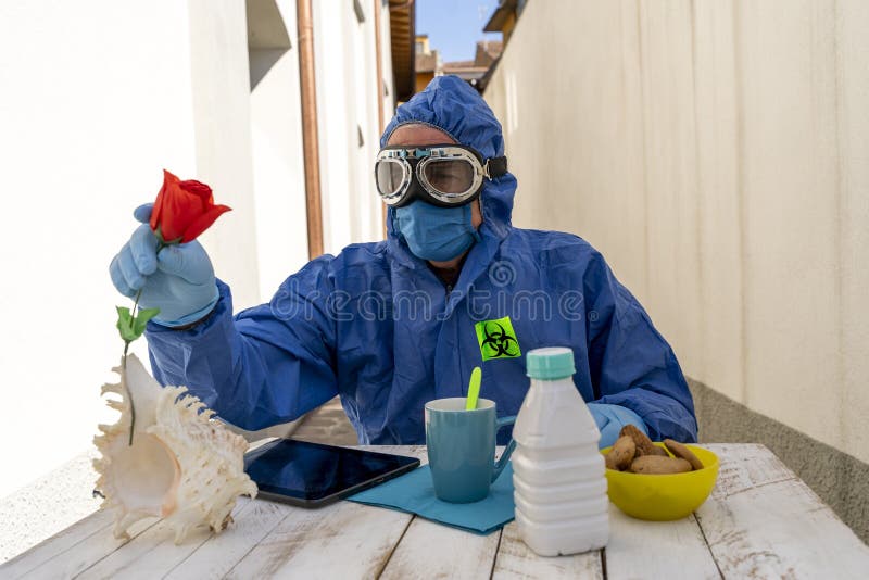 Quarantined Single Man Dressed in Protective Suit Have a Breakfast ...