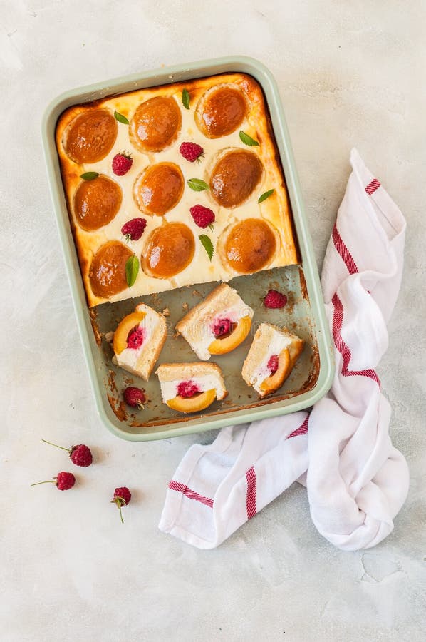 Quark, Apricot and Raspberry Cake Stock Photo - Image of dessert ...