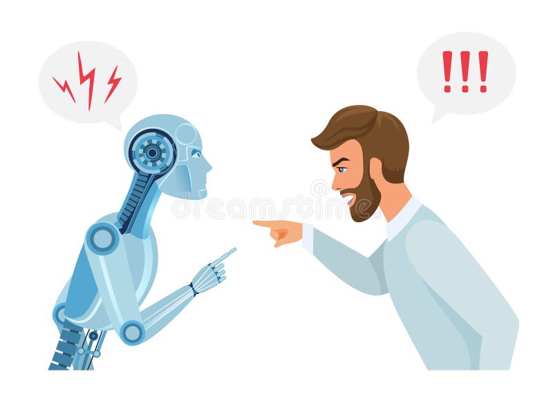 Quarrel and Fight between Man and Robot, Exclamation Mark and Lightning ...
