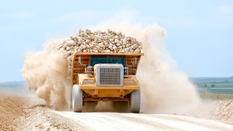 Quarry Dump Truck Transporting Rocks on a Dusty Road Stock Photo ...