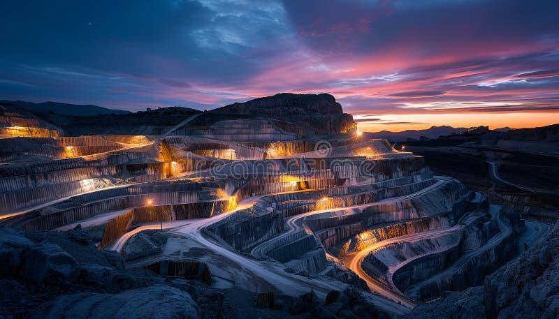 A Quarry Illuminated by Powerful Floodlights at Sunset, Showcasing ...