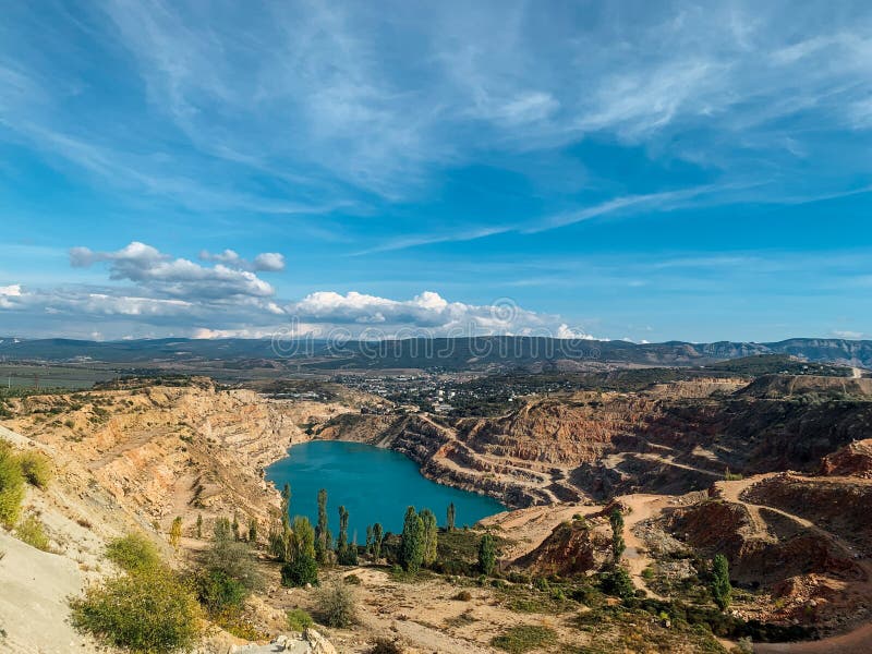 Beautiful Quarry Landscape with Lake and Blue Sky Stock Photo - Image ...