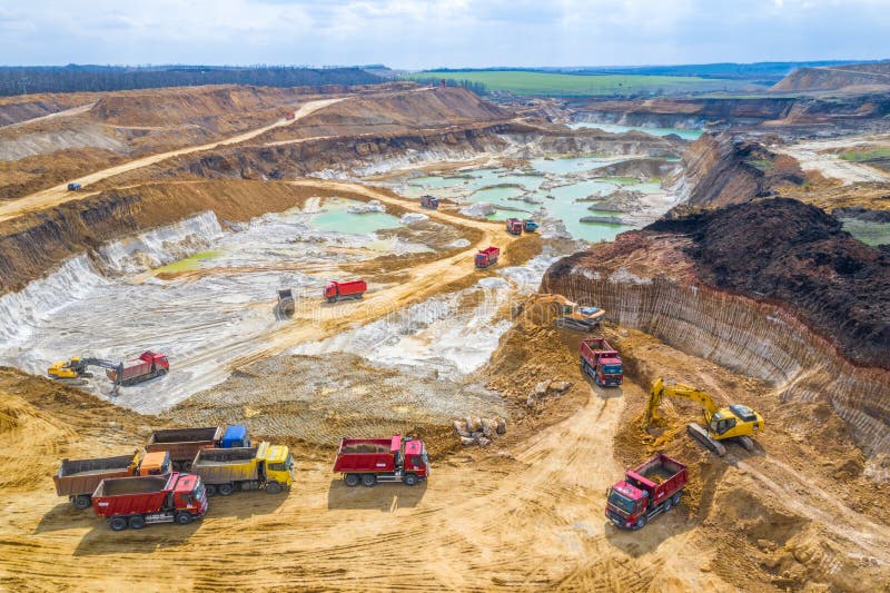 Quarry, Mining and Construction, Excavators and Trucks, View from Above ...