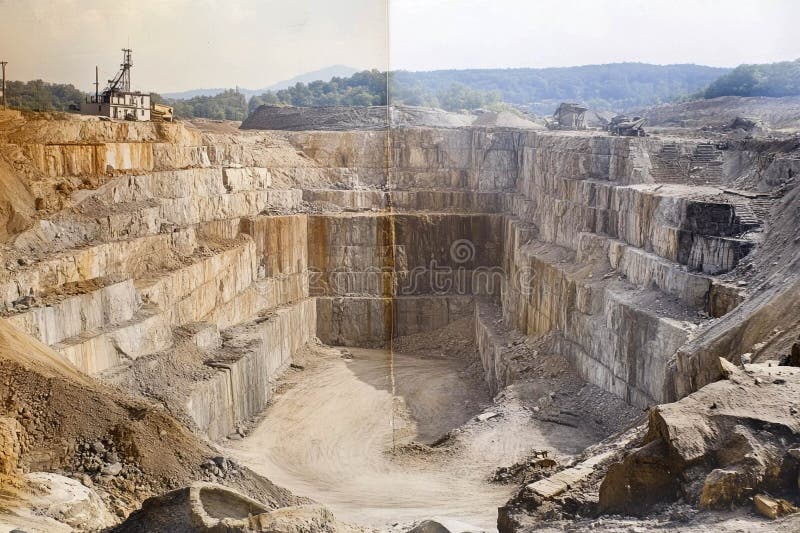 Quarry in Operation Showing Layers of Rock and Machinery at Work during ...