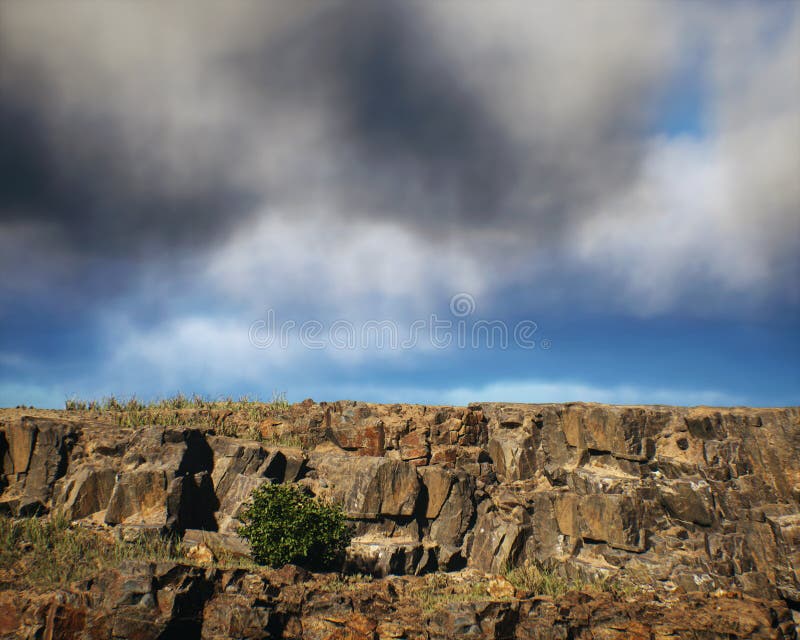 Quarry Slate with Vegetation Under a Cloudy Sky. Stock Illustration - Illustration of stone ...