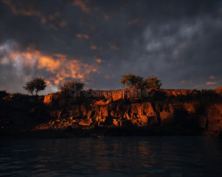 Quarry Slate with Water and Some Trees Under a Sunset Cloudy Sky. Stock ...