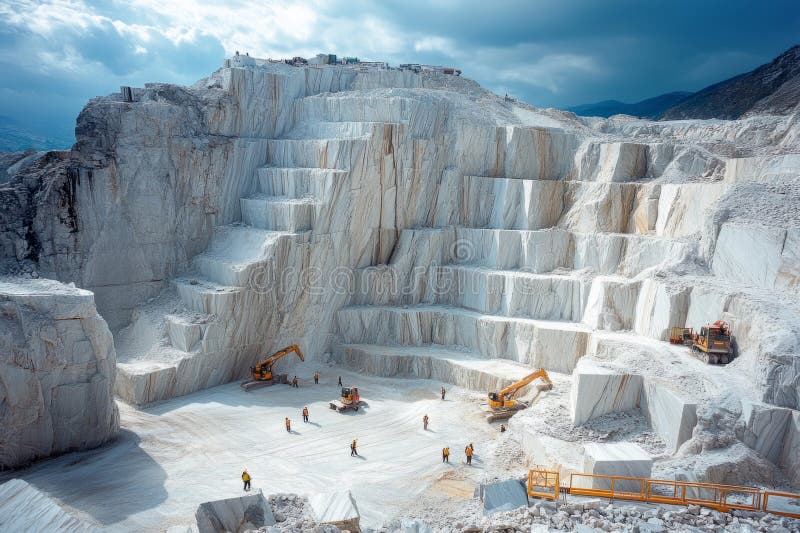 Quarry Workers and Excavators Extracting Marble in an Open Pit Mine on ...