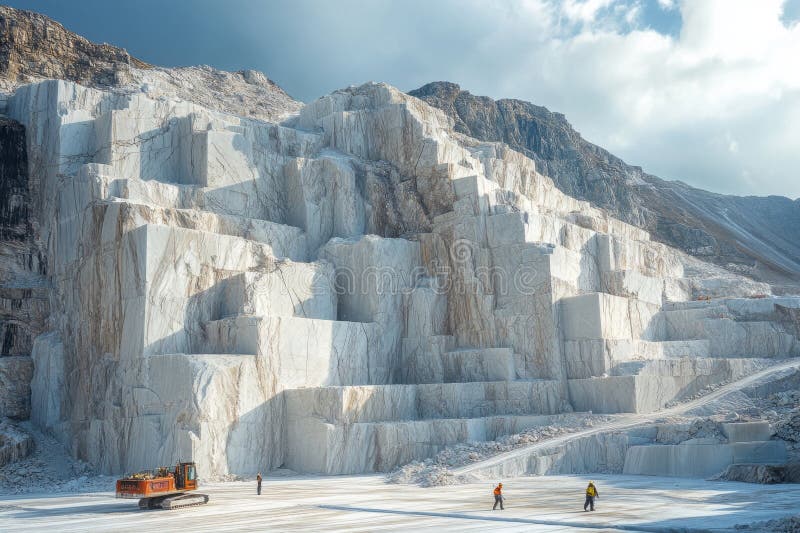 Quarry Workers Inspecting Large Marble Blocks in an Open Pit Mine, with ...
