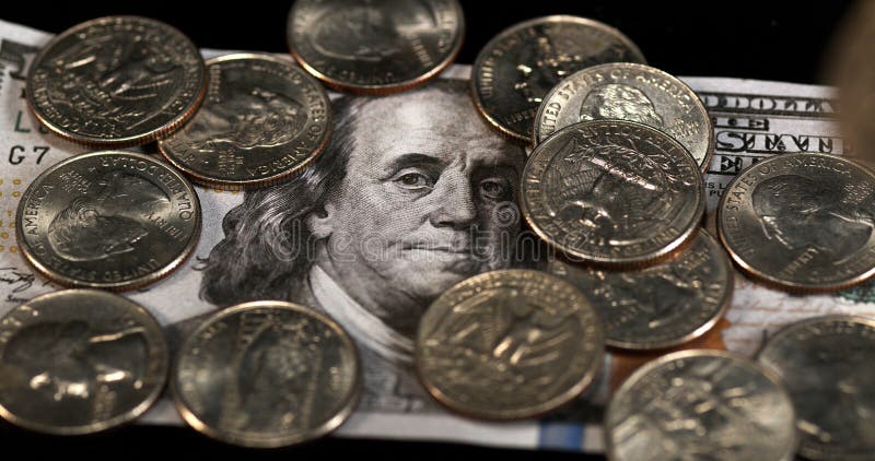 Quarter Dollar Coins Falling, Rolling and Sliding on Black Background ...