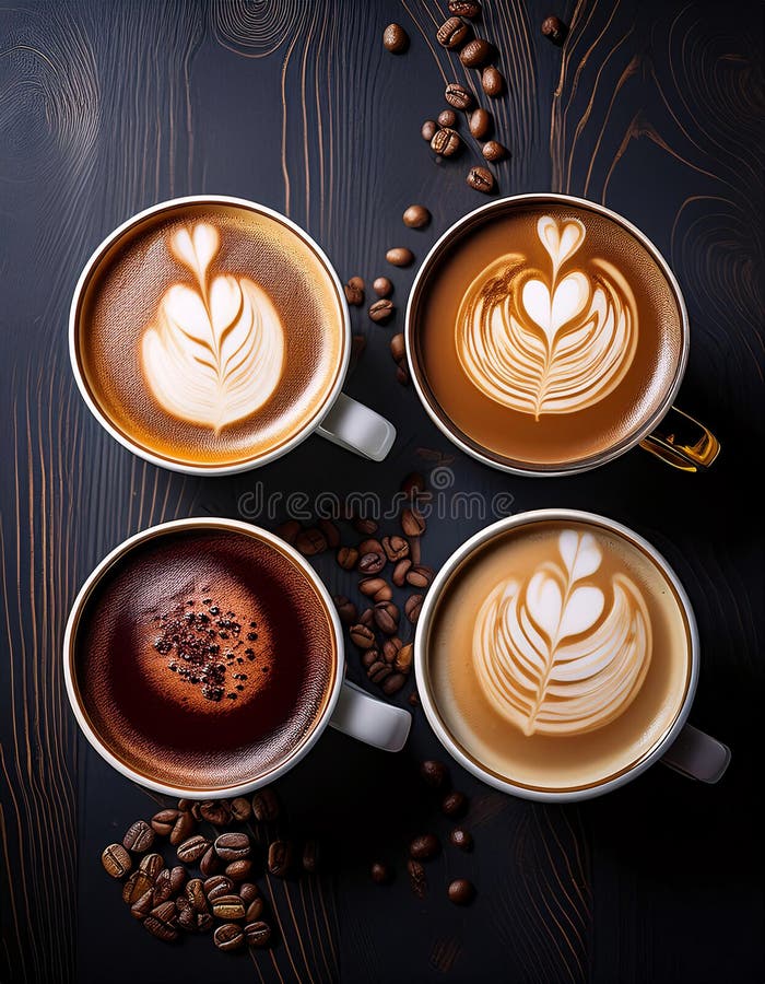 A Quartet of Beautifully Crafted Coffee Drinks, Each with Intricate ...