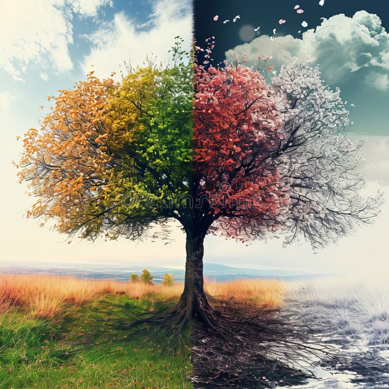 Quartet of Seasonal Changes Represented on One Tree, Showcasing Nature ...