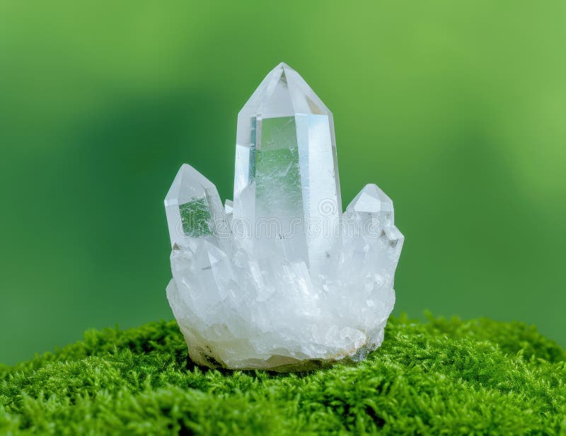 Quartz Crystal Cluster on Green Moss Stock Illustration - Illustration ...