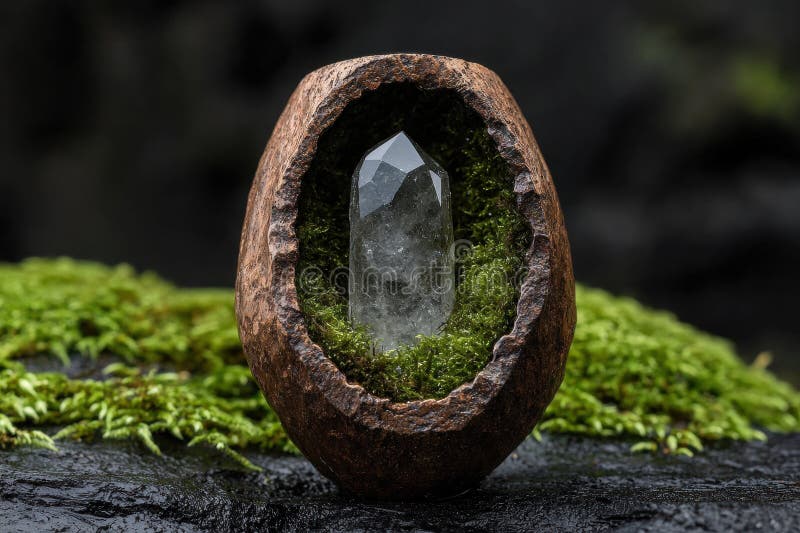 Quartz Crystal in a Wooden Holder with Moss. Stock Illustration ...