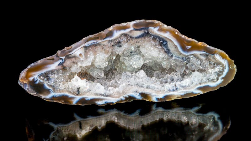 Quartz Crystals Inside Large Geode in Agate Gem Cross-section with ...