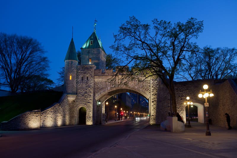 Quebec City Fortified Wall at Dusk Stock Image - Image of illuminated ...