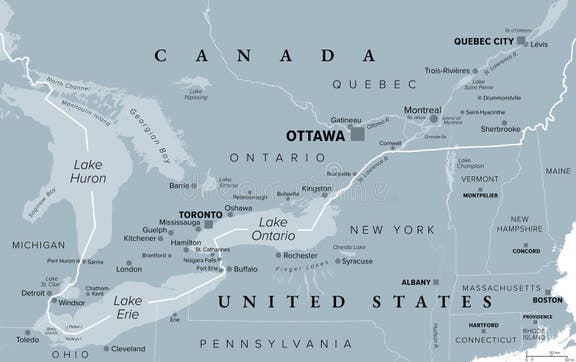 Quebec City Windsor Corridor, Region in Canada, Gray Political Map ...