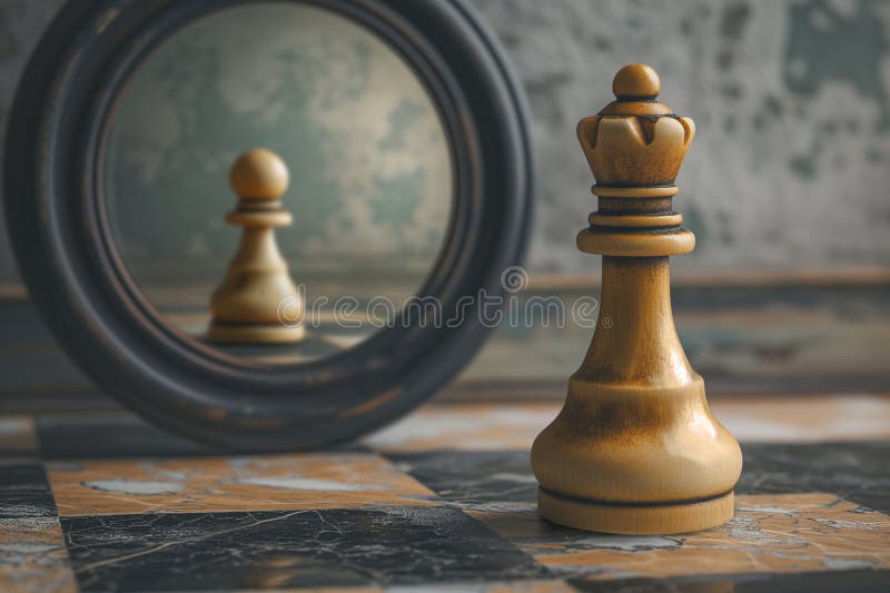 Queen Chess Piece in Front of a Mirror in Which it Looks Like a Pawn ...
