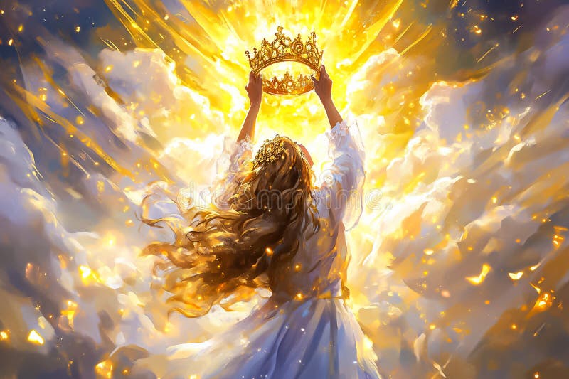 A Queen Elevates Her Crown High, Surrounded by Brilliant Light and ...