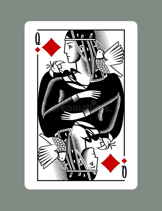 Queen Playing Card of Diamonds Suit in Vintage Engraving Drawing Style ...