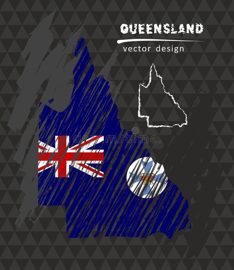 Queensland Map with Flag Inside on the Black Background. Chalk Sketch ...