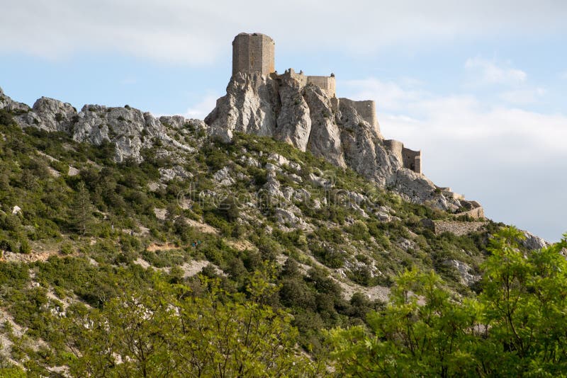 Panorama of Cathar Castle of Montsegur in the Pyrenees in France Stock ...