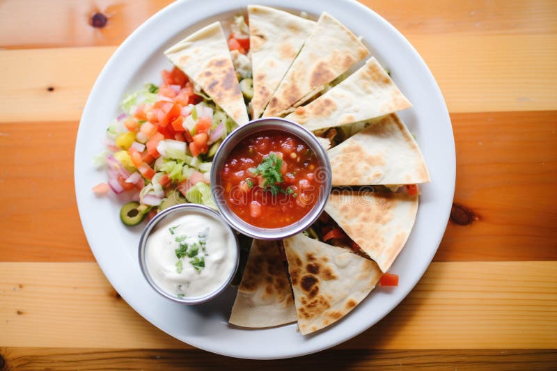 Quesadilla Platter with Sour Cream and Salsa Stock Image - Image of ...