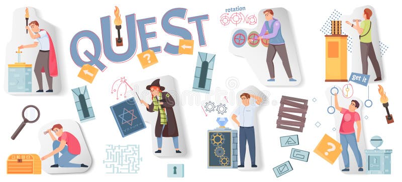 Quest Escape Game Flat Collage Icon Set Stock Vector - Illustration of ...