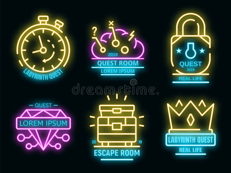 Quest Game Icons Set Vector Neon Stock Vector - Illustration of explore ...