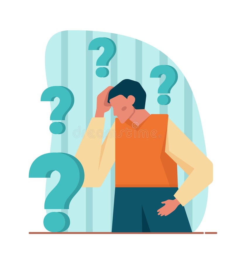 Question Concept. Confused Character in Doubt with Big Question Stock ...